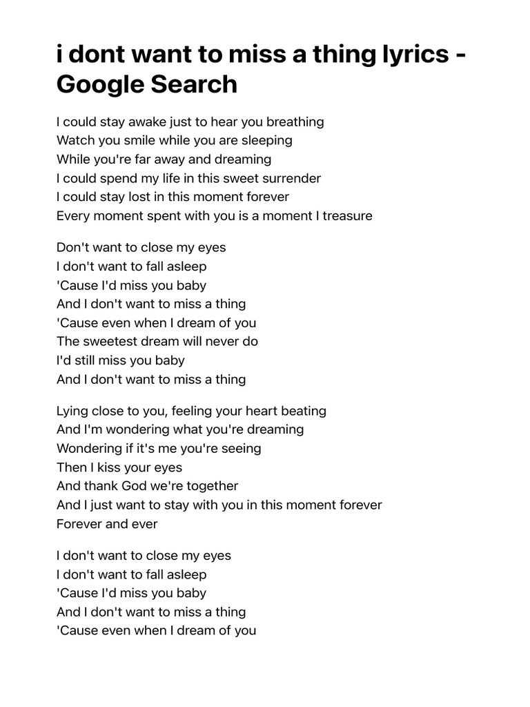 I Dont Want To Miss A Thing Lyrics - Google Search | PDF
