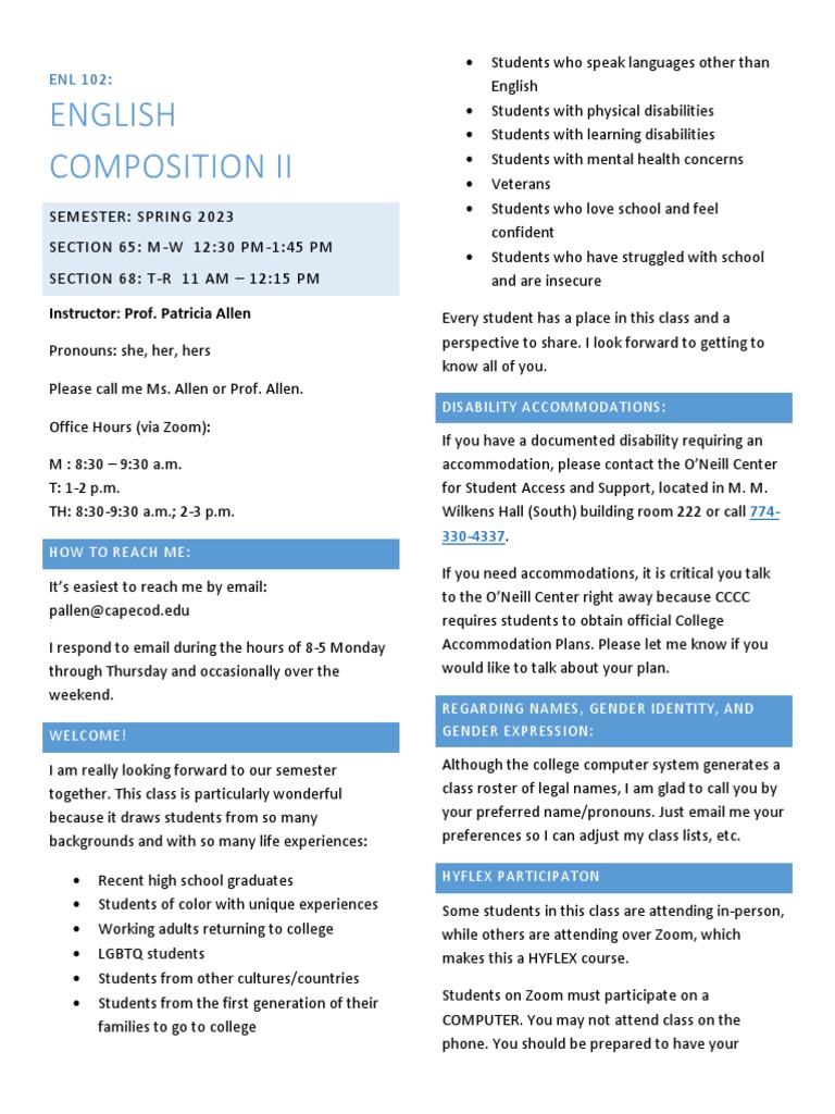 Spring 23 ENL 102 course syllabus | PDF | Internet | Critical Thinking