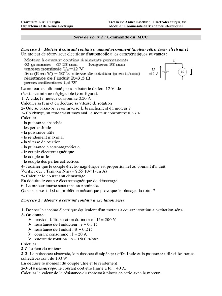 Serie de TD 1 Commande de MCC | PDF | Puissance (physique) | Résistance (électricité)