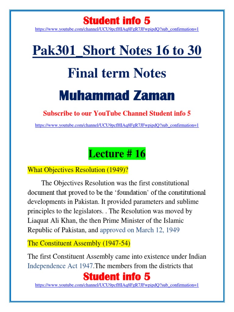 Pak301 Short Notes on Objectives Resolution | PDF | Pakistan