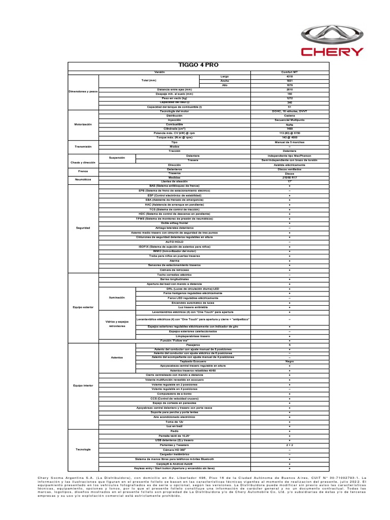 Ficha Tecnica TIGGO 4 PRO COMFORT MT 1 PDF | PDF | Industria automotriz | Estilos de carrocería