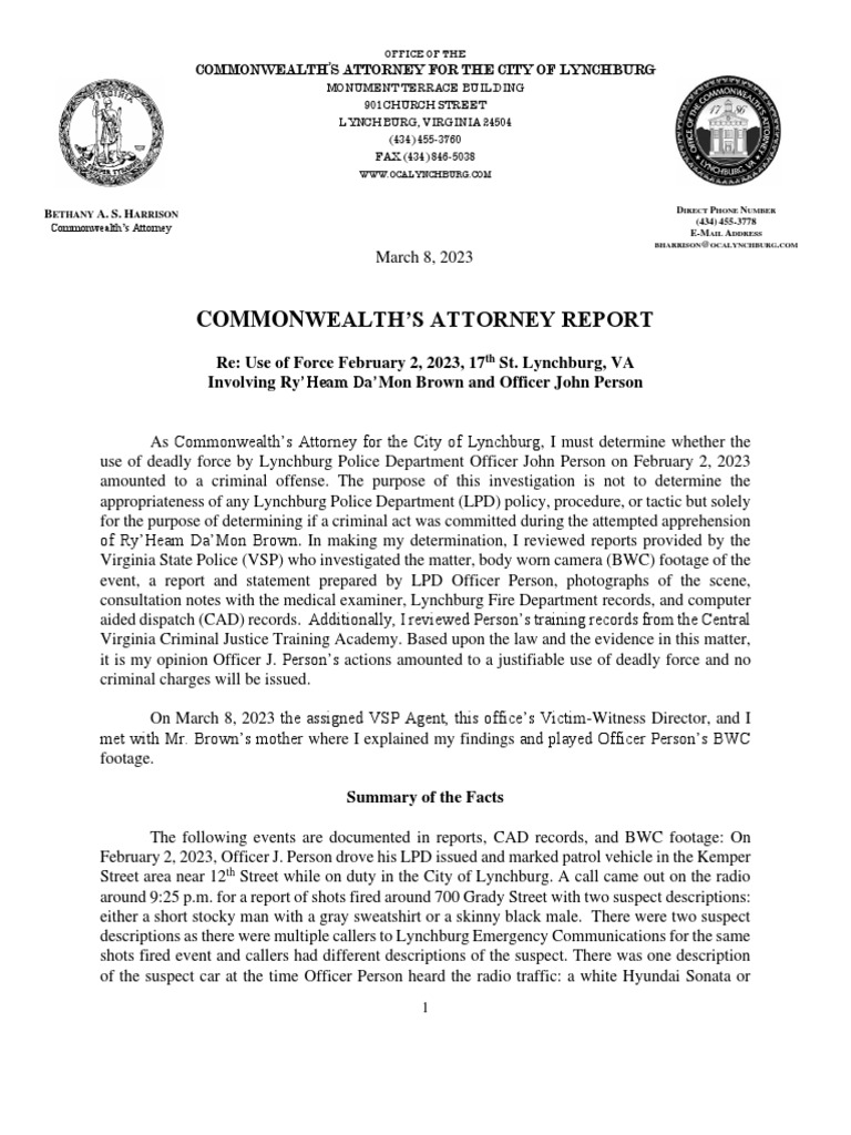 Final Feb 2 2023 Ryheam Brown Use of Deadly Force Report | PDF | Deadly Force | Graham V. Connor