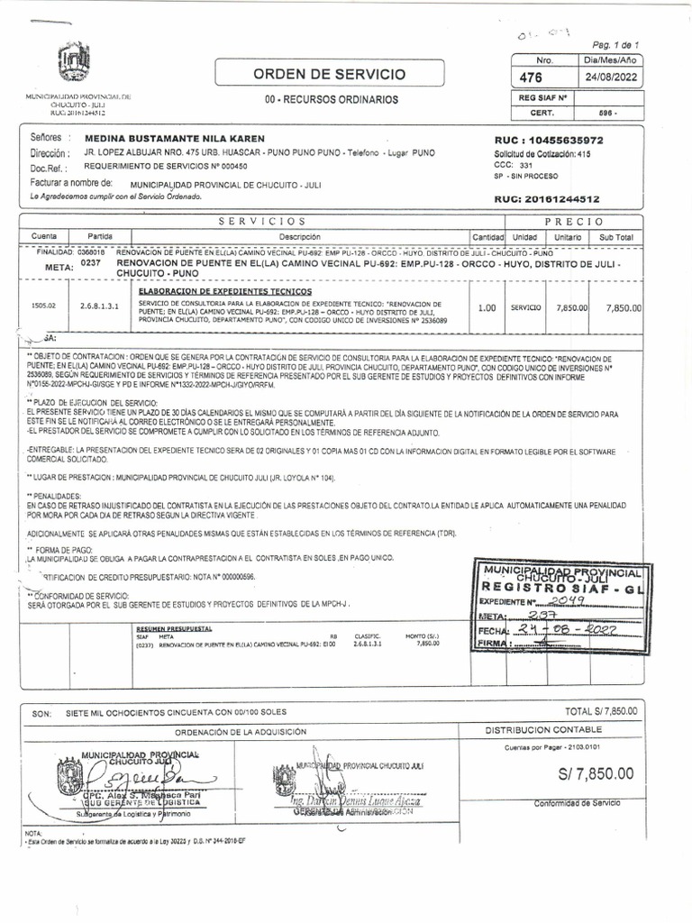 Ordenes de Servicio Chucuito | PDF