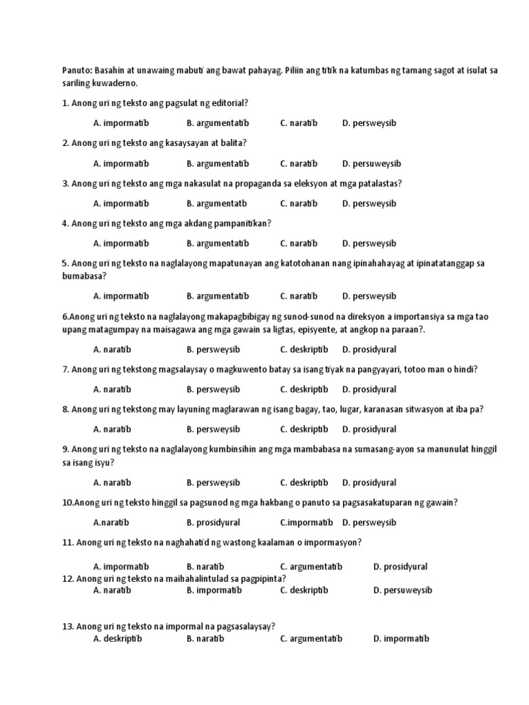 Pre Test Pagbasa at Pagsusuri | PDF