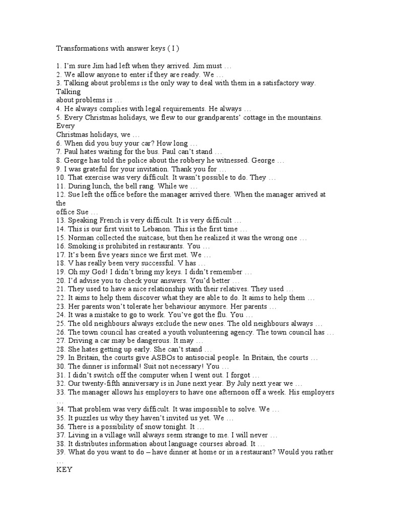 Transformations With Answer Keys | PDF