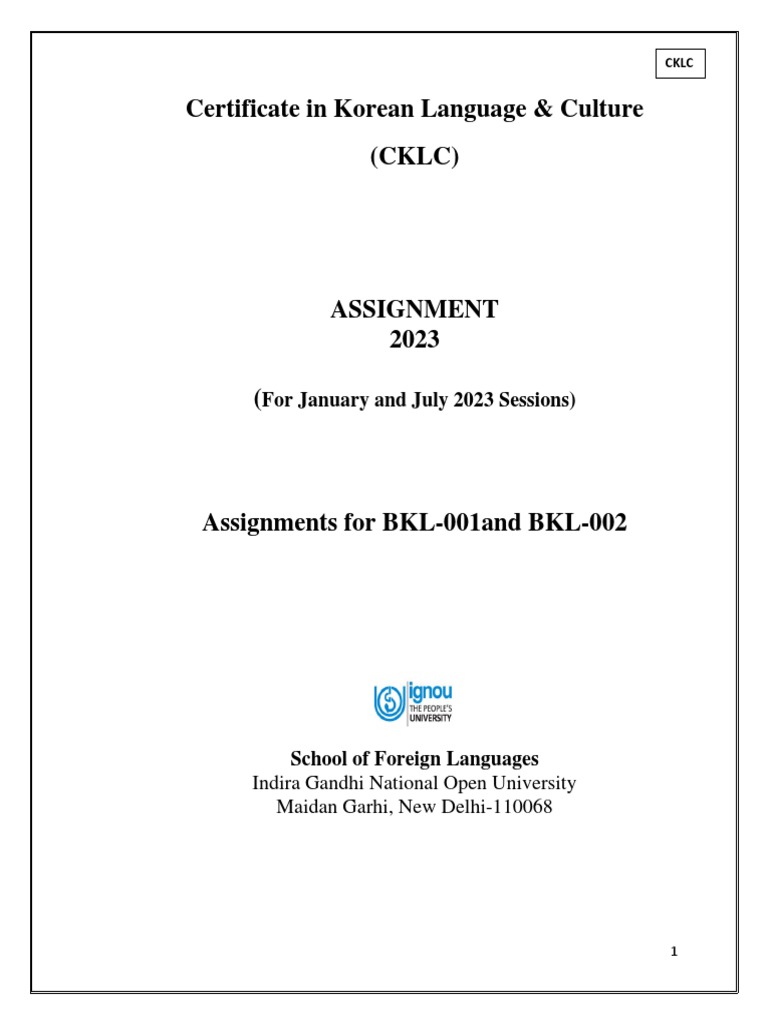Assignment CKLC Certificate in Korean Language & Culture ODL Mode 2023 PDF | PDF | Korean ...