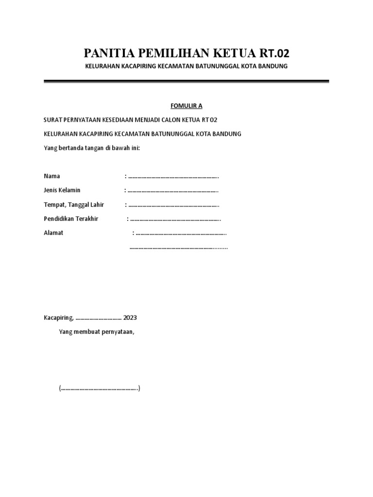 FORMULIR PENDAFTARAN CALON KETUA Rtdocx | PDF