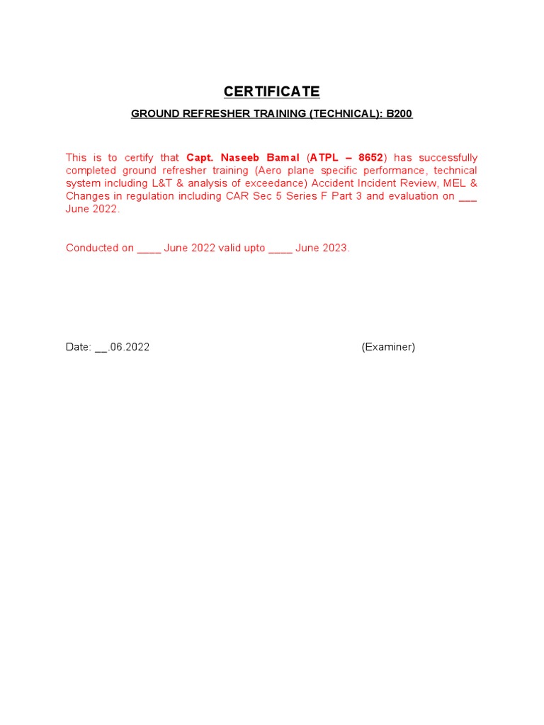 Ground Refresher Training Certificate | PDF | Computers