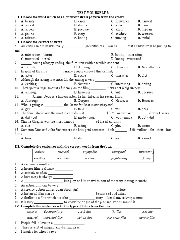 English Language Film Quiz and Exercises | PDF