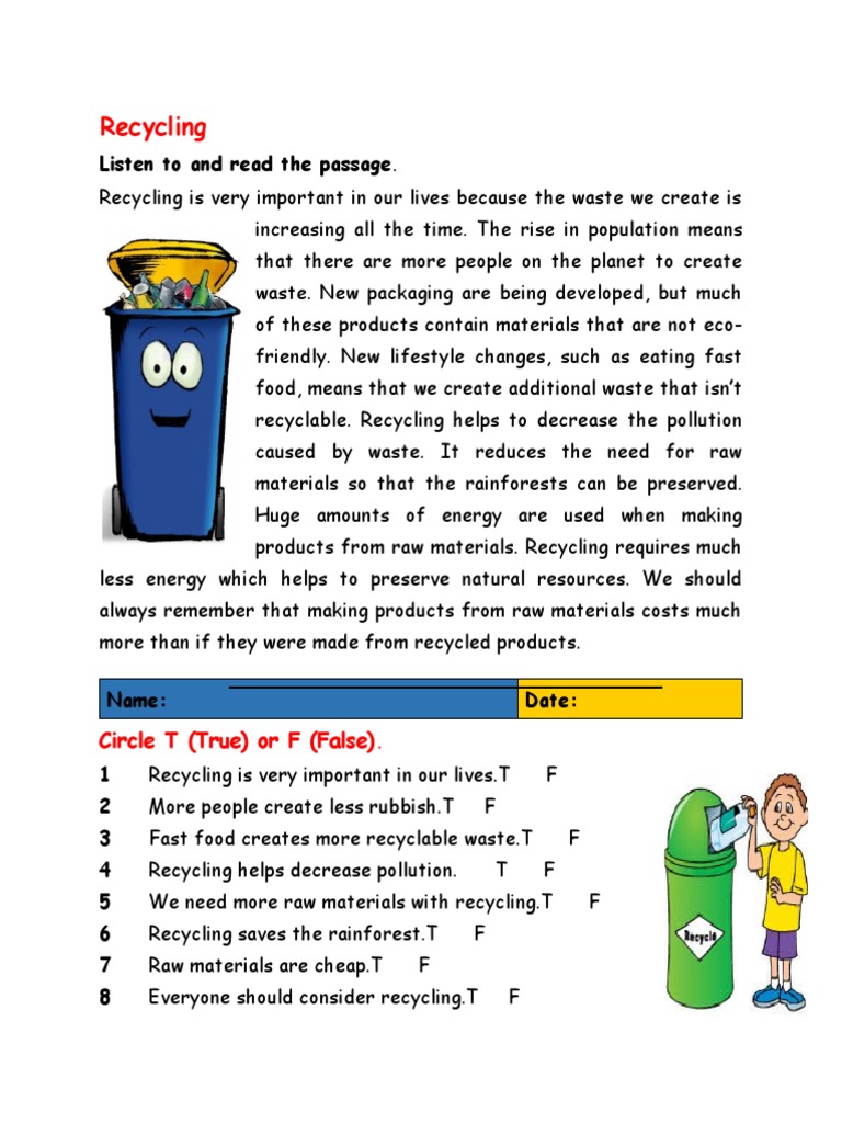 Recycling Reading Comprehension Exercises - 102910 | PDF