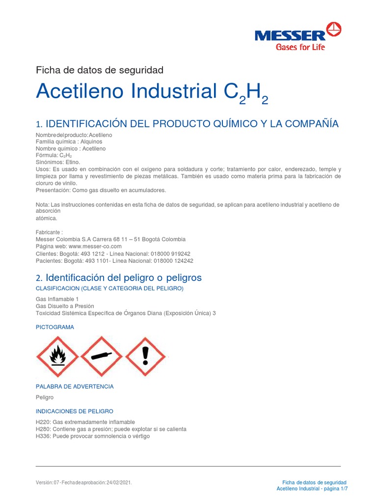 Fichas de Datos de Seguridad Acetileno Industrial PDF | PDF | Oxígeno | Hidrógeno