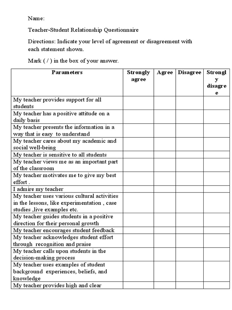 Teacher Student Relationship Questionnai - Odt | PDF | Teachers ...