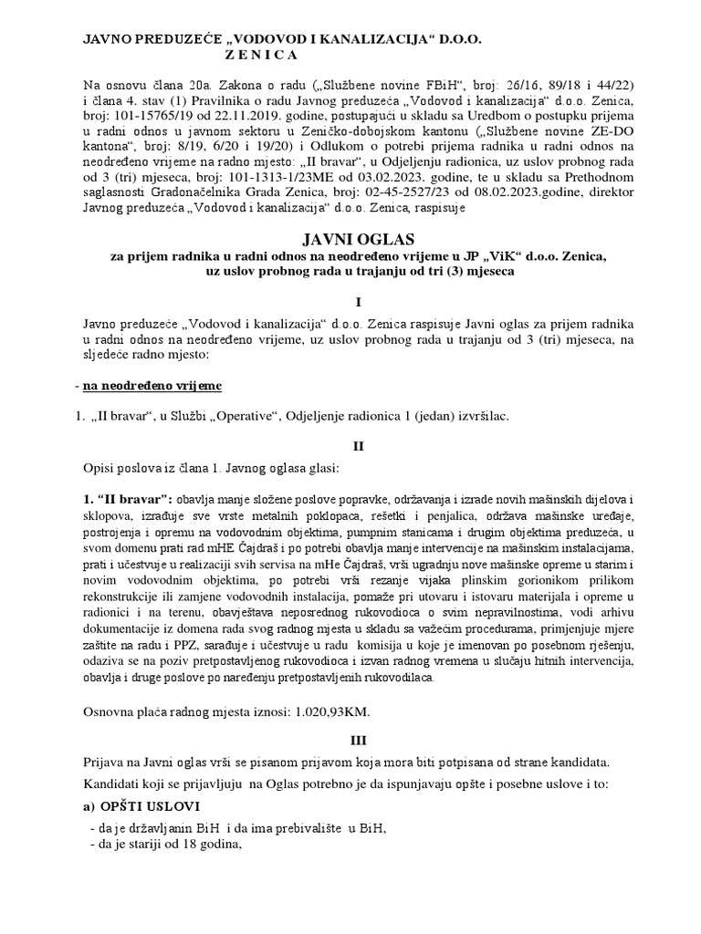 Oglas JP VIK Zenica 0603 | PDF