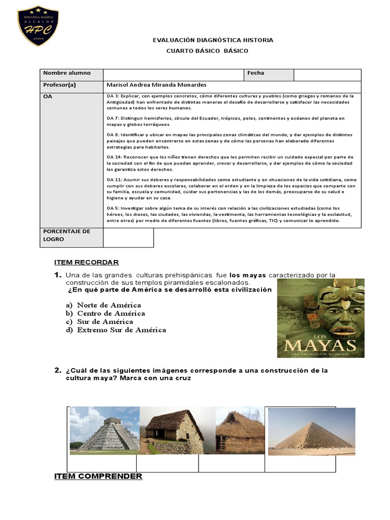 Evaluacion Diagnostica Cuarto Historia | PDF | Américas | Imperio Inca