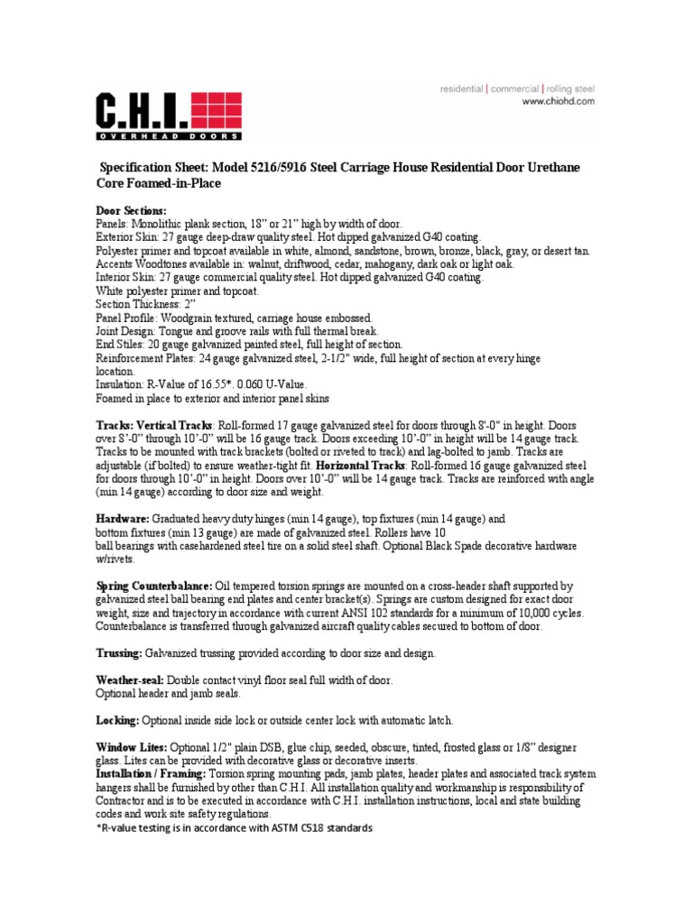 Model 5216/5916 Steel Carriage House Residential Door Spec Sheet | PDF ...