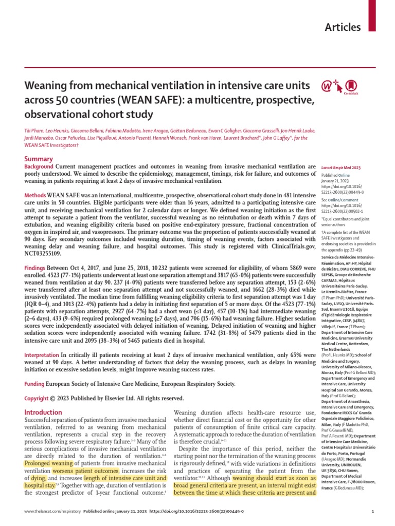 Weaning From Mechanical Ventilation in ICU Across 50 Countries. WEAN SAFE - Pham 2023 PDF | PDF ...