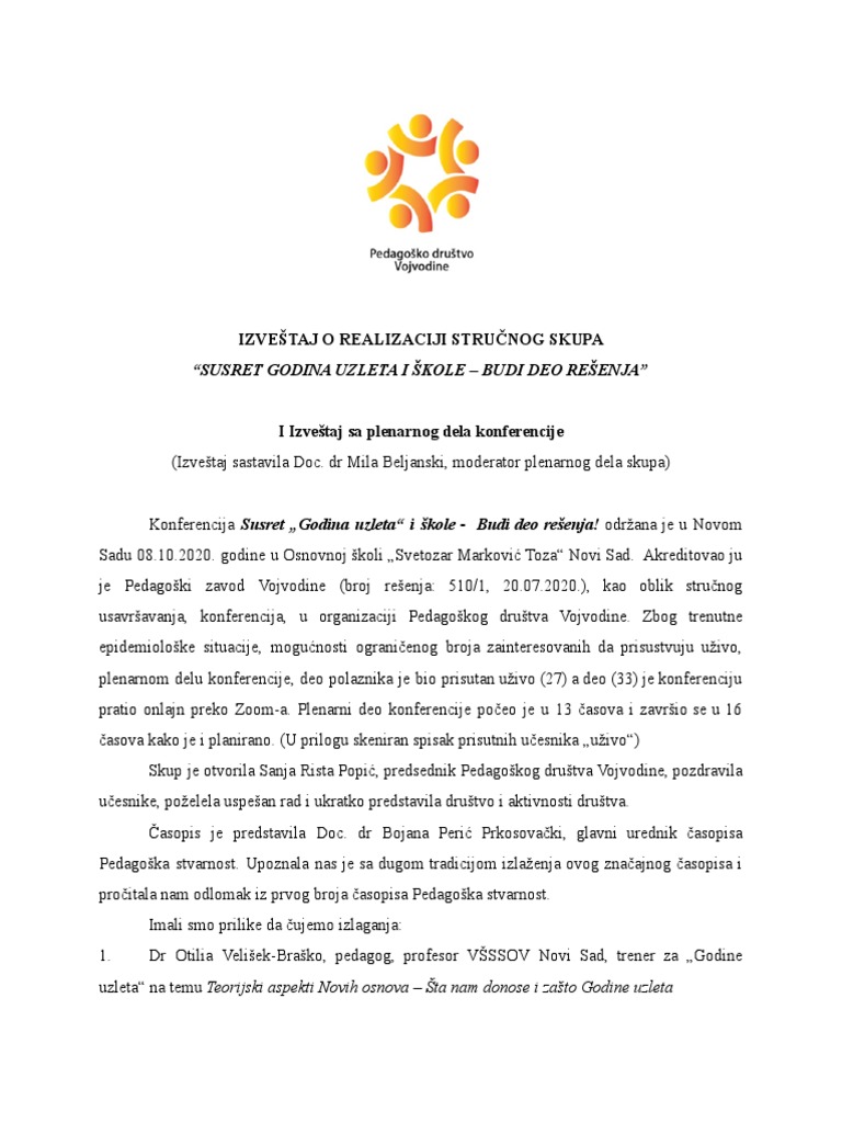 Izveštaj o Realizaciji Stručnog Skupa - Susret Godina Uzleta I Škole - Budi Deo Rešenja PDF | PDF