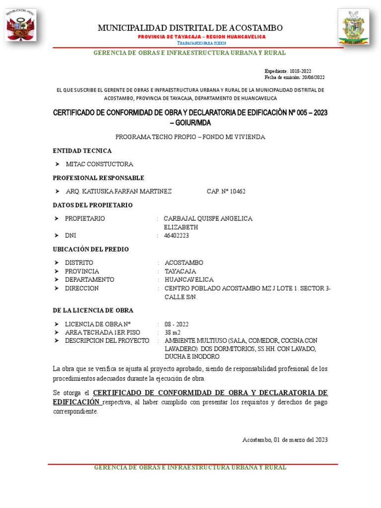 Certificado de Conformidad de Obra y Declaratoria de Edificación #005-002a | PDF