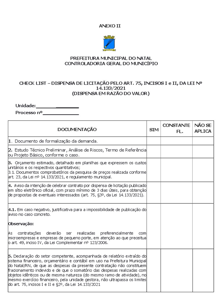 Check List Dispensa Licitação Lei 14.133/2021 | PDF | Orçamento ...