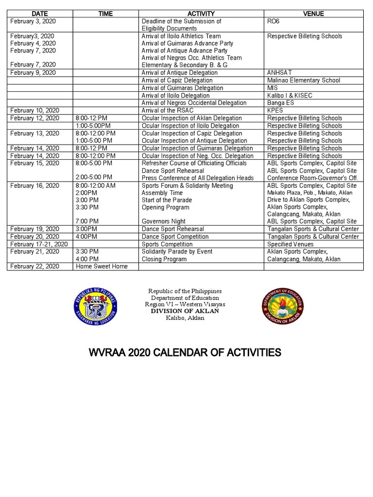 WVRAA 2020 Activities Schedule | PDF