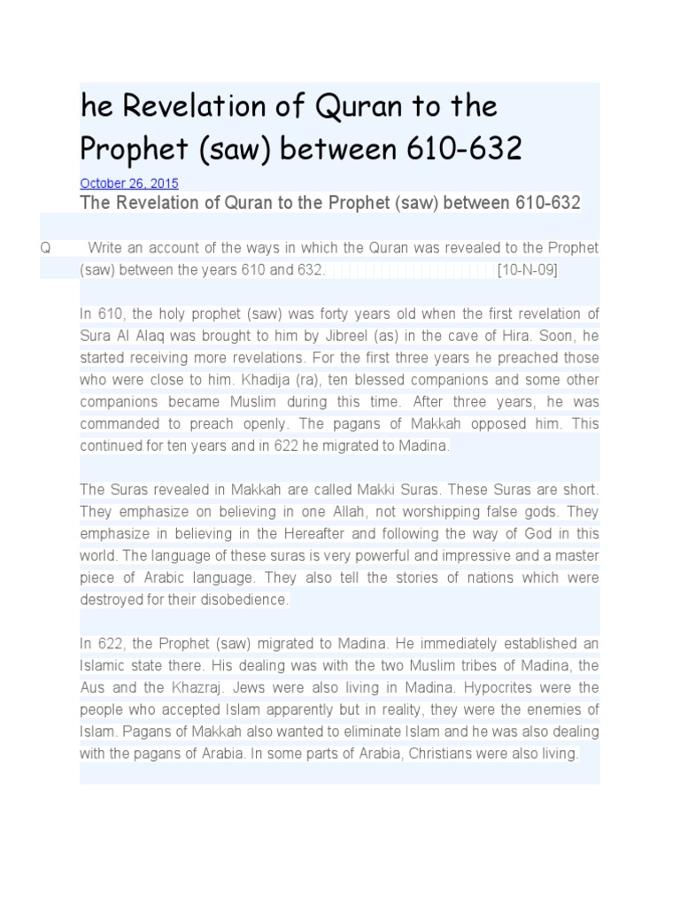 He Revelation of Quran To The Prophet | PDF | Muhammad | Quran