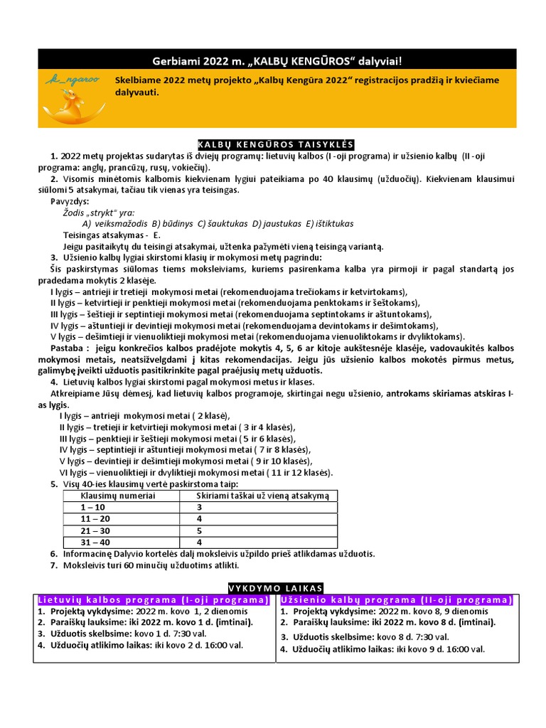 Kalbu Kengura 2022 Visa Informacija PDF | PDF