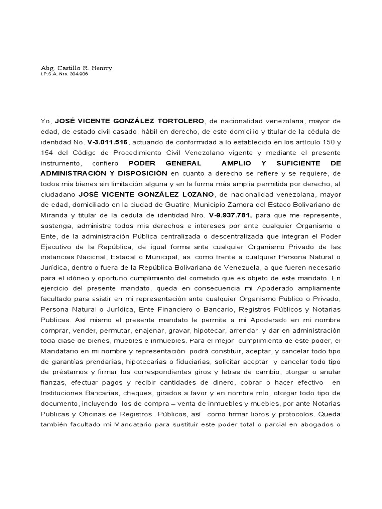 Poder general amplio y suficiente de administración y disposición ...