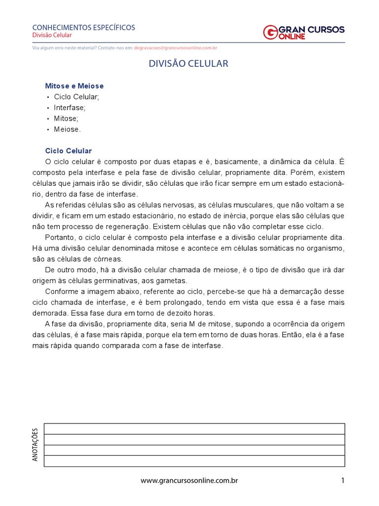 Divisão Celular I Pdf Mitose Célula Biologia