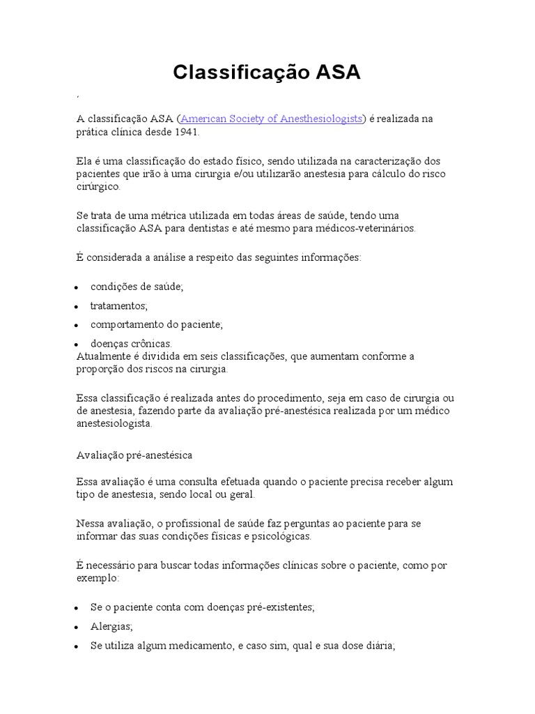 Classificação ASA | Download grátis PDF | Anestesia | Cirurgia