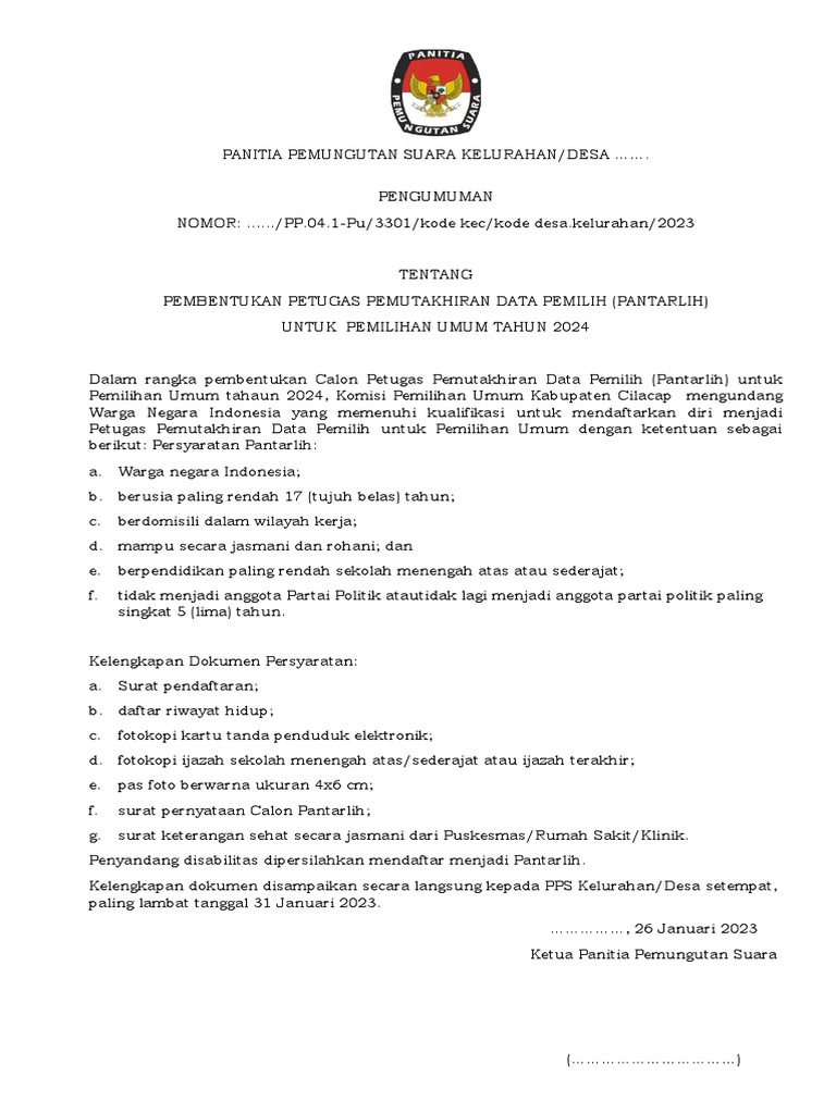 PENGUMUMAN PANTARLIH DI PPS - Doc | PDF