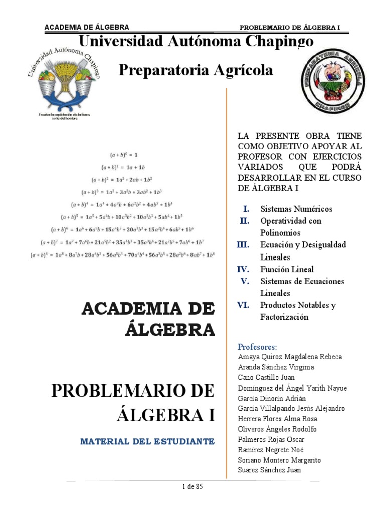ACADEMIA DE ÁLGEBRA PROBLEMARIO DE ÁLGEBRA I. Universidad Autónoma Chapingo Preparatoria ...