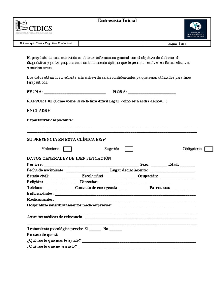 Formato Entrevista Inicial | PDF | Psicoterapia | Ciencia cognitiva
