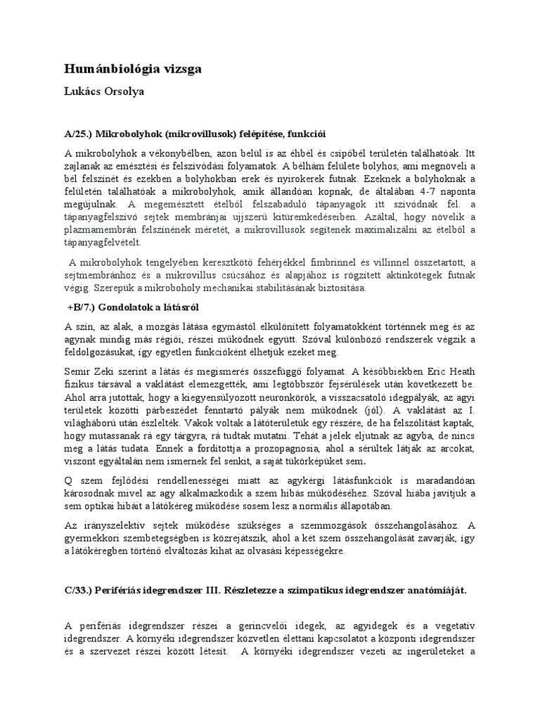 Humánbiológia Vizsga | PDF