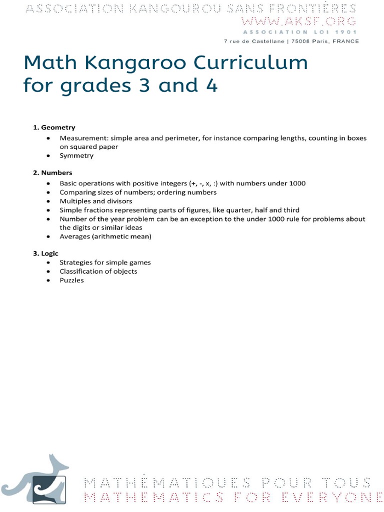Math Kangaroo Curriculum For Grades 3 and 4 | PDF