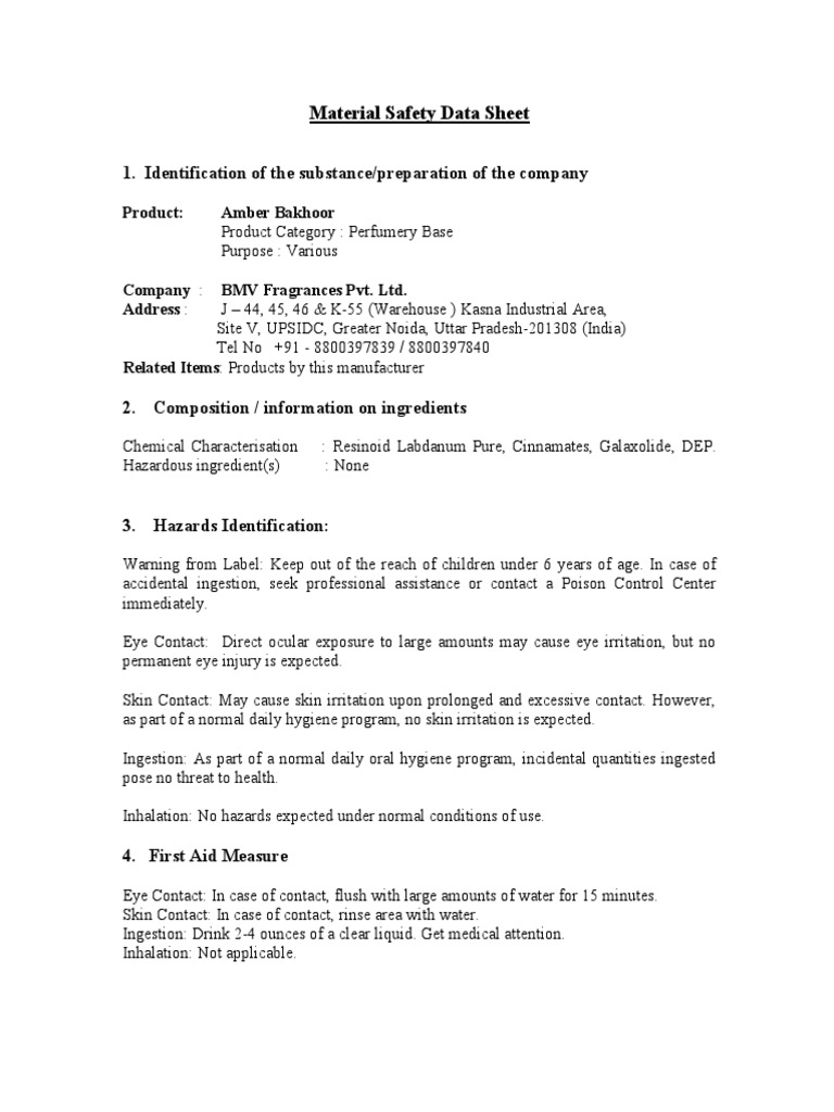 Msds Amber Bakhoor PDF | Download Free PDF | Water | Hazards