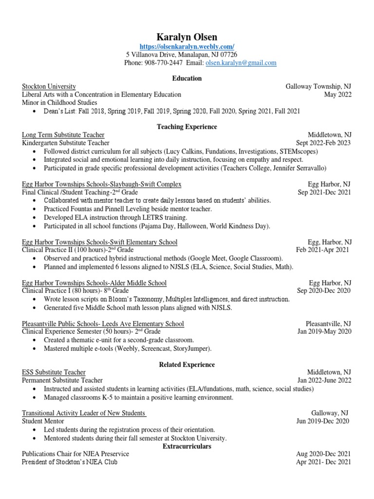 Karalyn Olsen's Teaching Experience Resume | PDF | Teachers | Learning