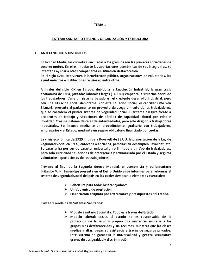 TEMA 1 Resumen Sistema Sanitario Español. Organizacion y Estructura | PDF | Hospital | Historial ...