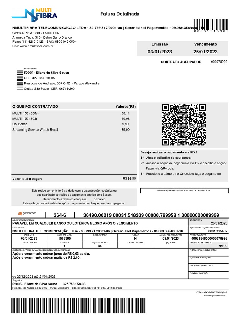 Fatura detalhada de serviços de telecomunicações e streaming para ...