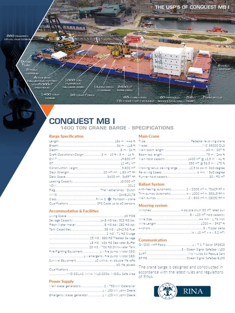 The Key Specifications and Capabilities of the Conquest MB I Heavy Lift Crane Barge | PDF ...