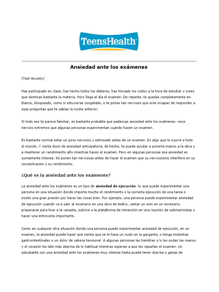 Ansiedad Ante Los Examenes PDF | PDF | Ansiedad | Estrés (biología)