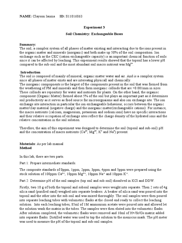 CH312 Experiment 3 - Soil Chemistry Report | PDF | Soil | Chemical ...