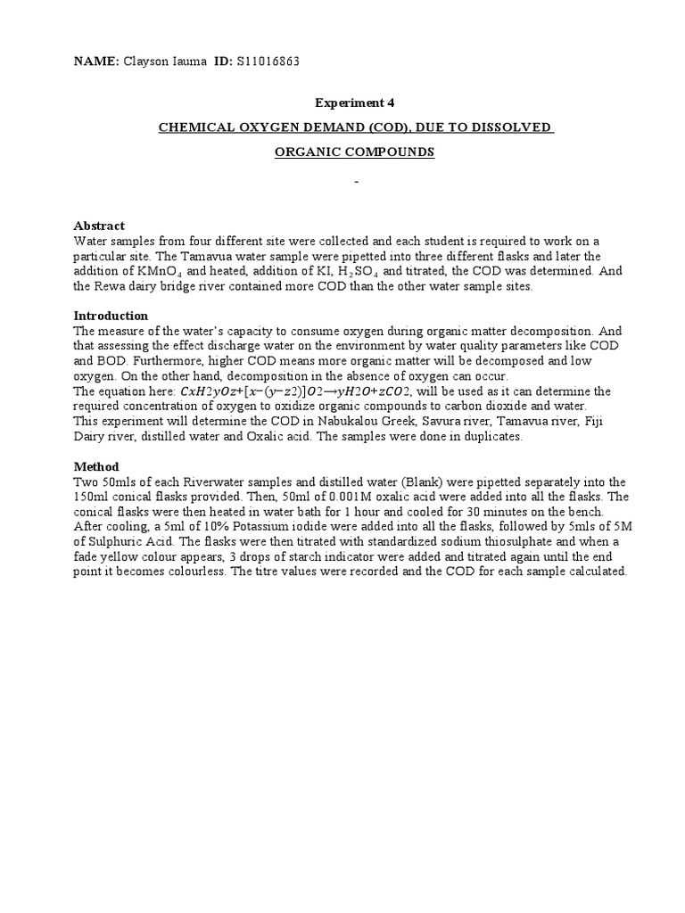 CH312 - COD Experiment Report | PDF | Chemistry | Physical Sciences