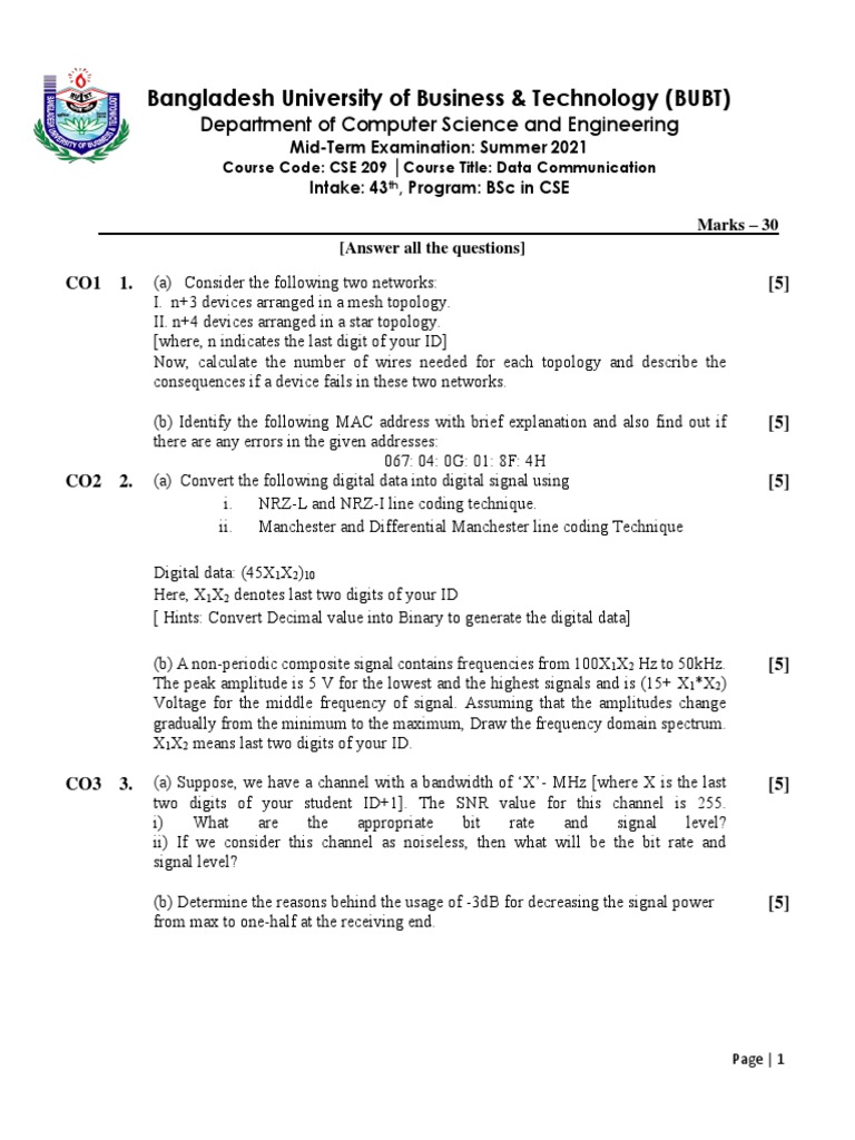 Cse 209 Mid | PDF | Signal To Noise Ratio | Bit Rate