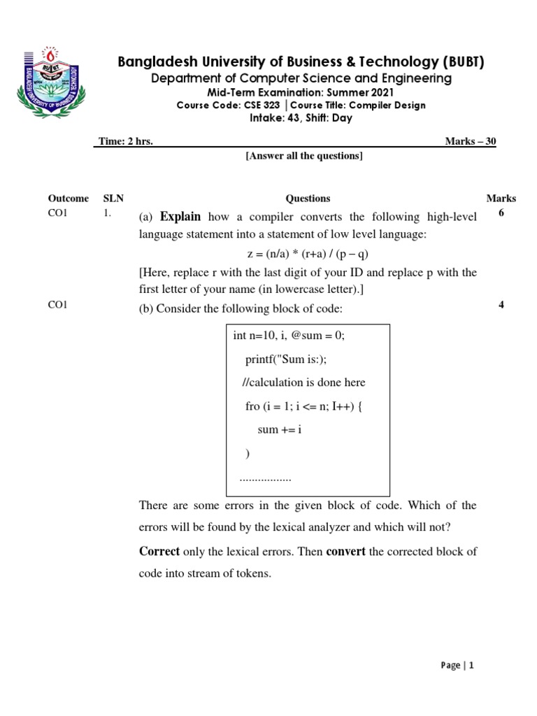 Cse 323 Mid | PDF | Parsing | Computer Science Cse 323 Mid | PDF | Parsing | Computer Science