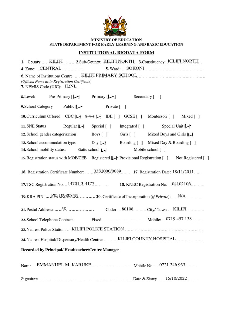Kilifi Primary Institutional Bio-Data Form | PDF