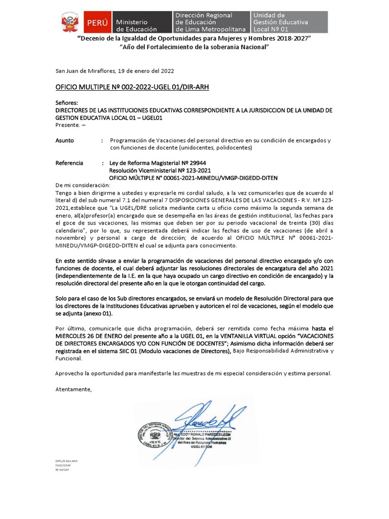 Oficio-Multiple-N°-002-2022-UGEL01-DIR-ARH-19-01-2022.pdf | PDF | Maestros