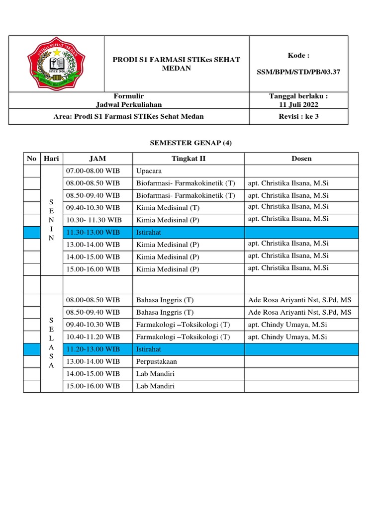Jadwal Kuliah Genap Sem IV Prodi Farmasi 2022-2023 | PDF