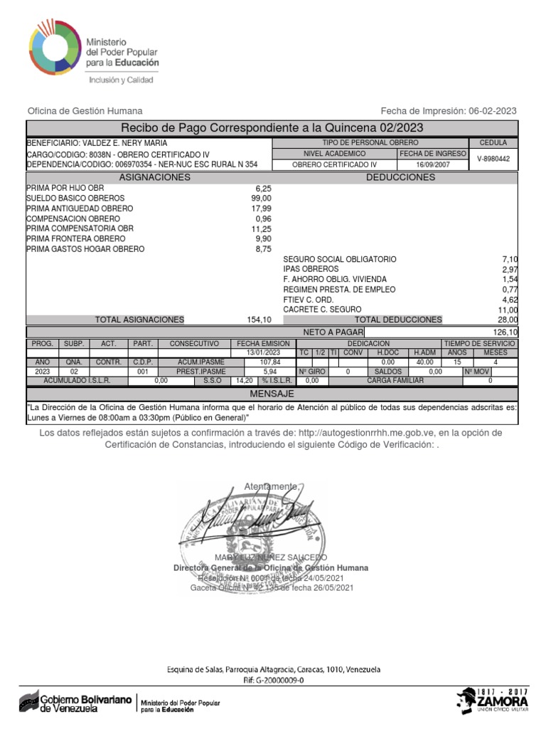 Recibo de Pago de 8980442 Quincena 2-2023 (Nery Valdez) | PDF