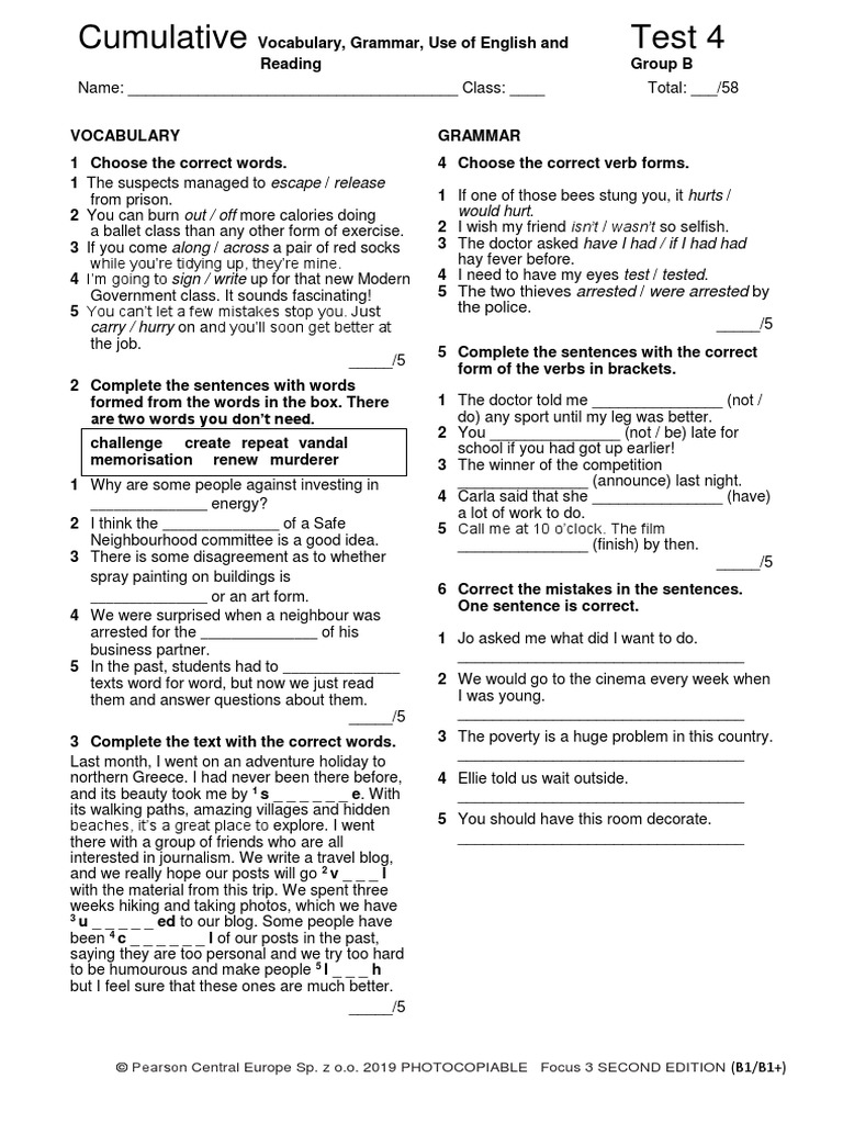 Focus3 2E Cumulative Test 4 Units1-8 GroupB | PDF