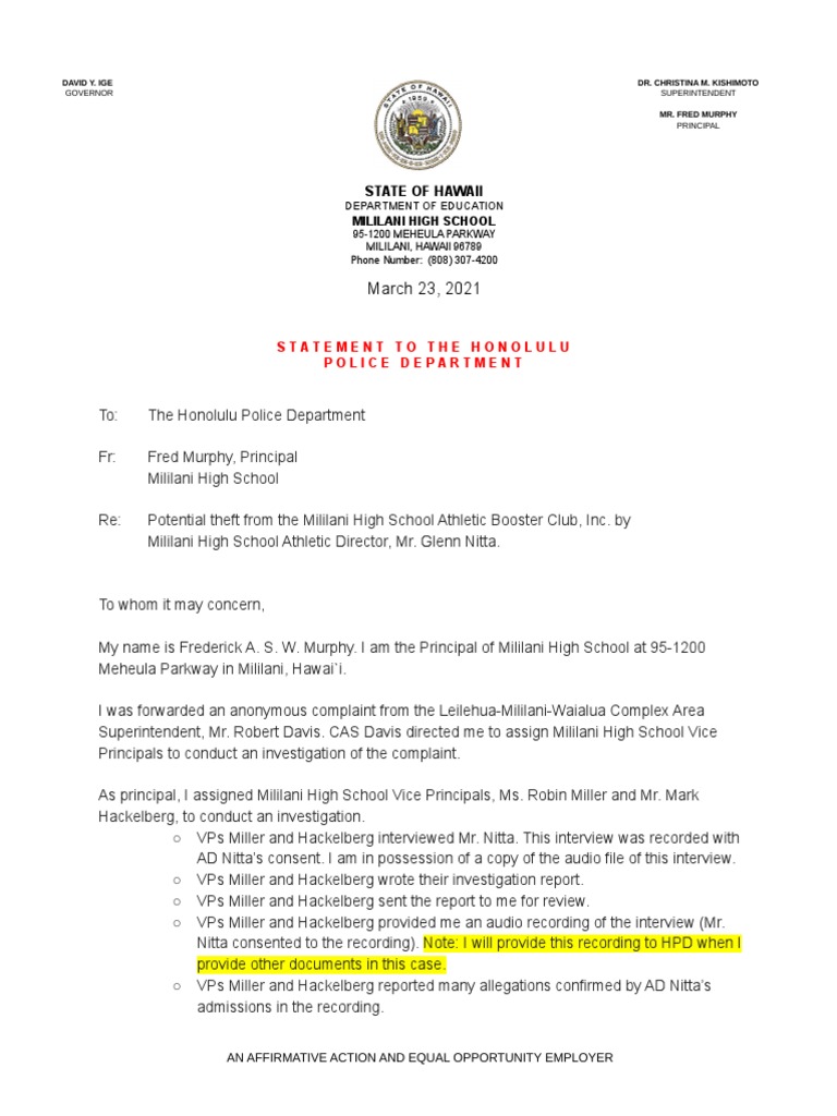 Police Statement From Principal Murphy To HPD | PDF | Credit Card | Credit